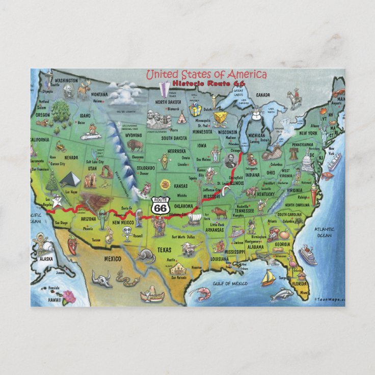 Historic Route 66 Cartoon Map Postcard | Zazzle