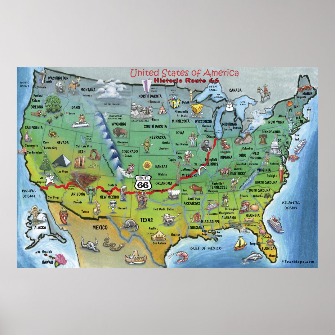 Historic Route 66 USA Cartoon Map Poster | Zazzle