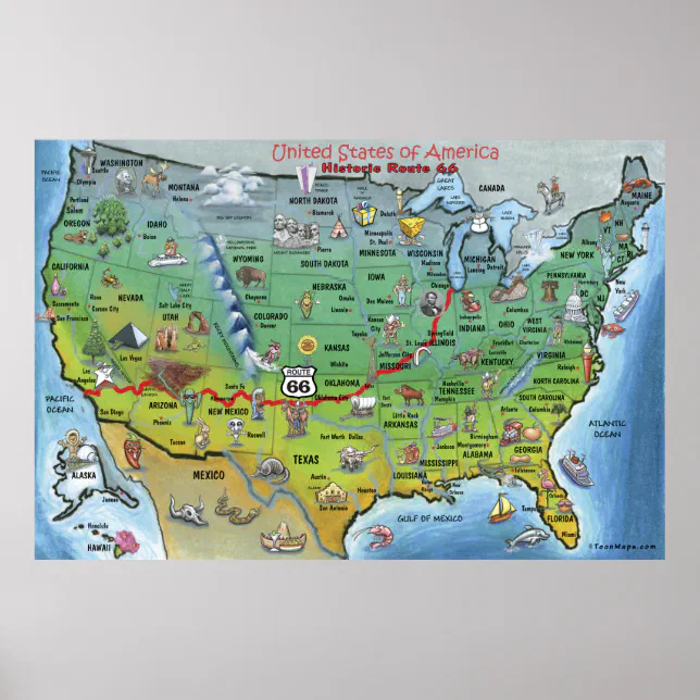 Historic Route 66 USA Cartoon Map Poster | Zazzle