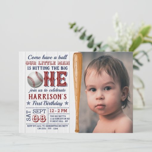 Hitting The Big One Baseball 1st Birthday Photo Invitation | Zazzle