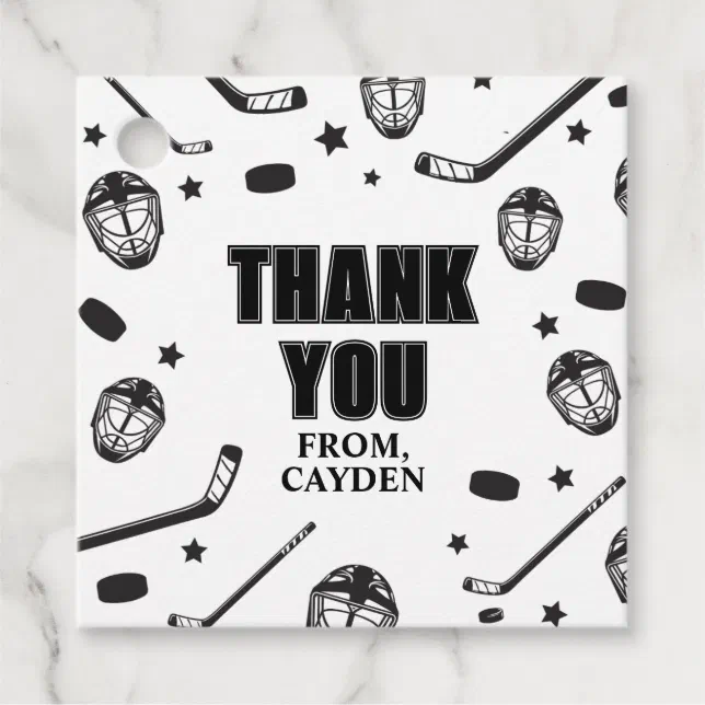 Hockey black and White Birthday Thank You Favor Tags | Zazzle