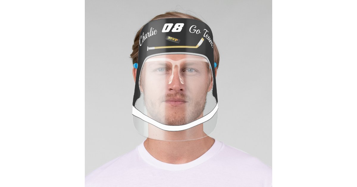 Hockey Black MVP Puck Helmet Name | Team | Number Face Shield | Zazzle