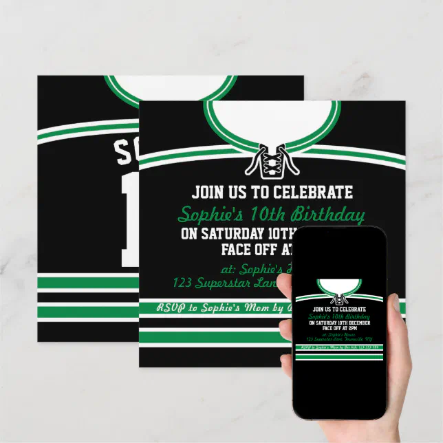 Hockey Jersey Themed Party Invites Template, Green | Zazzle