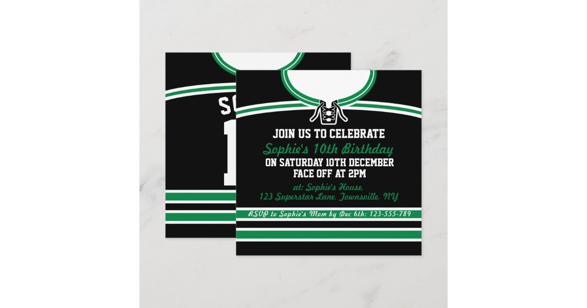 Hockey Jersey Themed Party Invites Template, Green | Zazzle