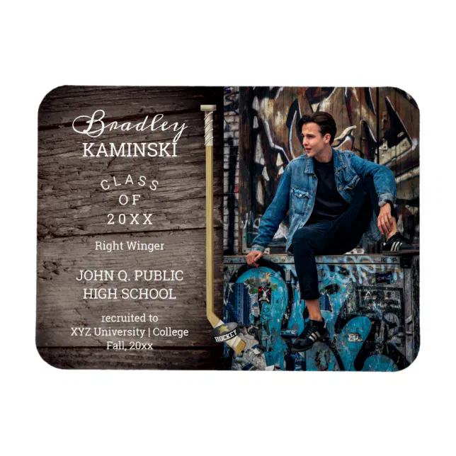 Hockey Player Sports Graduation Photo Announcement Magnet | Zazzle