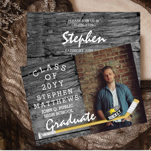 Hockey Player Sports Rustic Photo Graduation Invitation | Zazzle