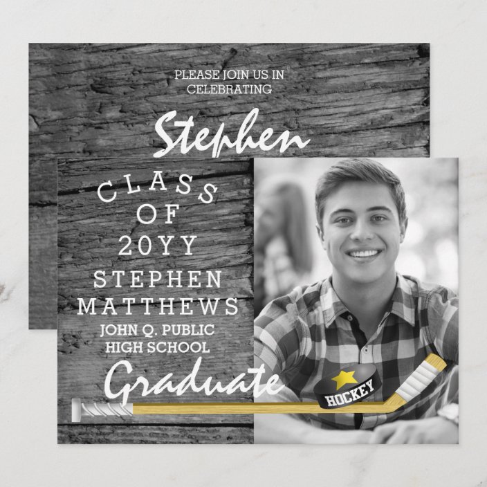 Hockey Player Sports Rustic Photo Graduation Invitation | Zazzle.com