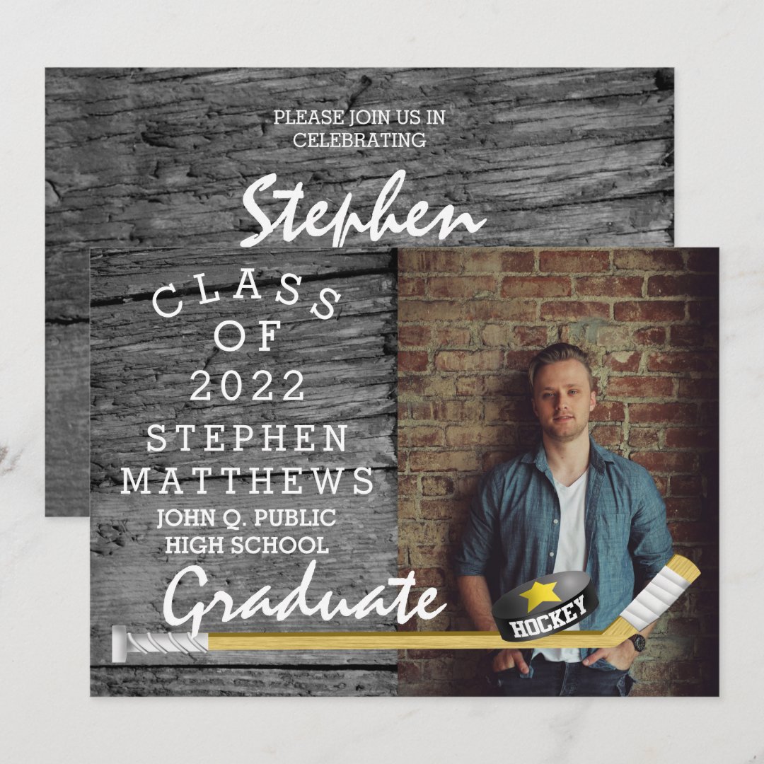Hockey Player Sports Rustic Photo Graduation Invitation | Zazzle
