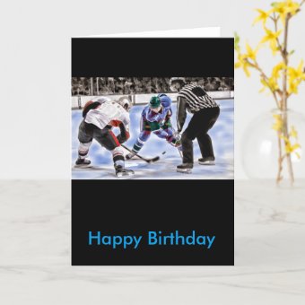 Hockey Players and Referee Face Off Card | Zazzle