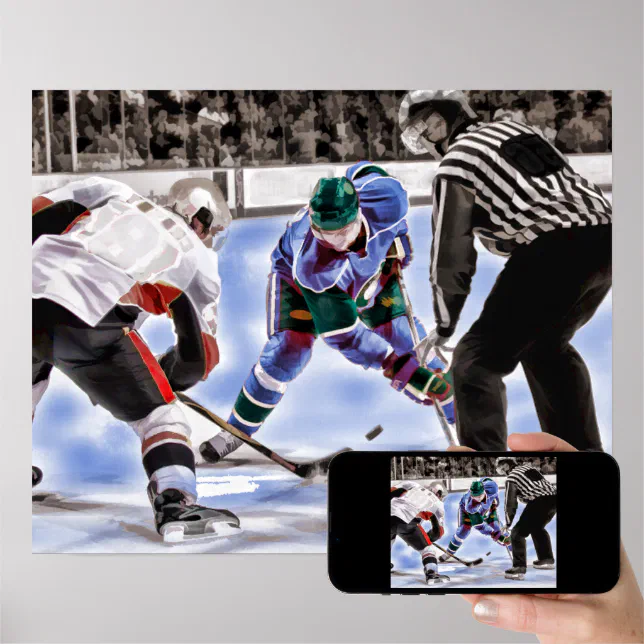 Hockey Players and Referee Face Off Poster | Zazzle
