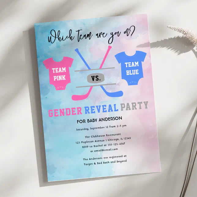 Hockey Team Blue vs Team Pink Gender Reveal Invitation | Zazzle