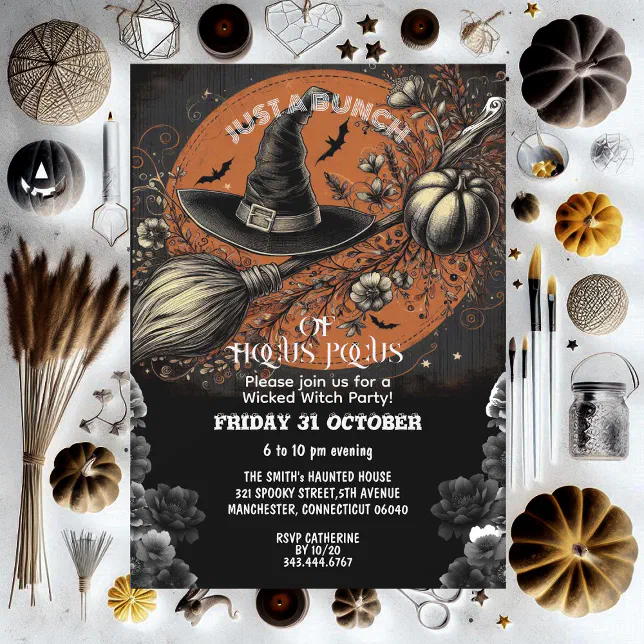 Hocus Pocus Broom Hat Vintage Wicked Witch Party Invitation | Zazzle