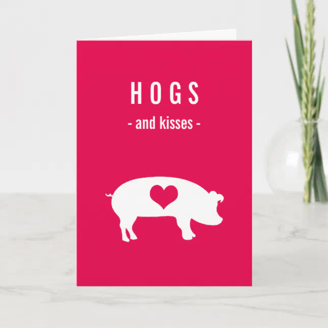 Hogs and Kisses Valentine with Pig on Deep Pink Holiday Card | Zazzle
