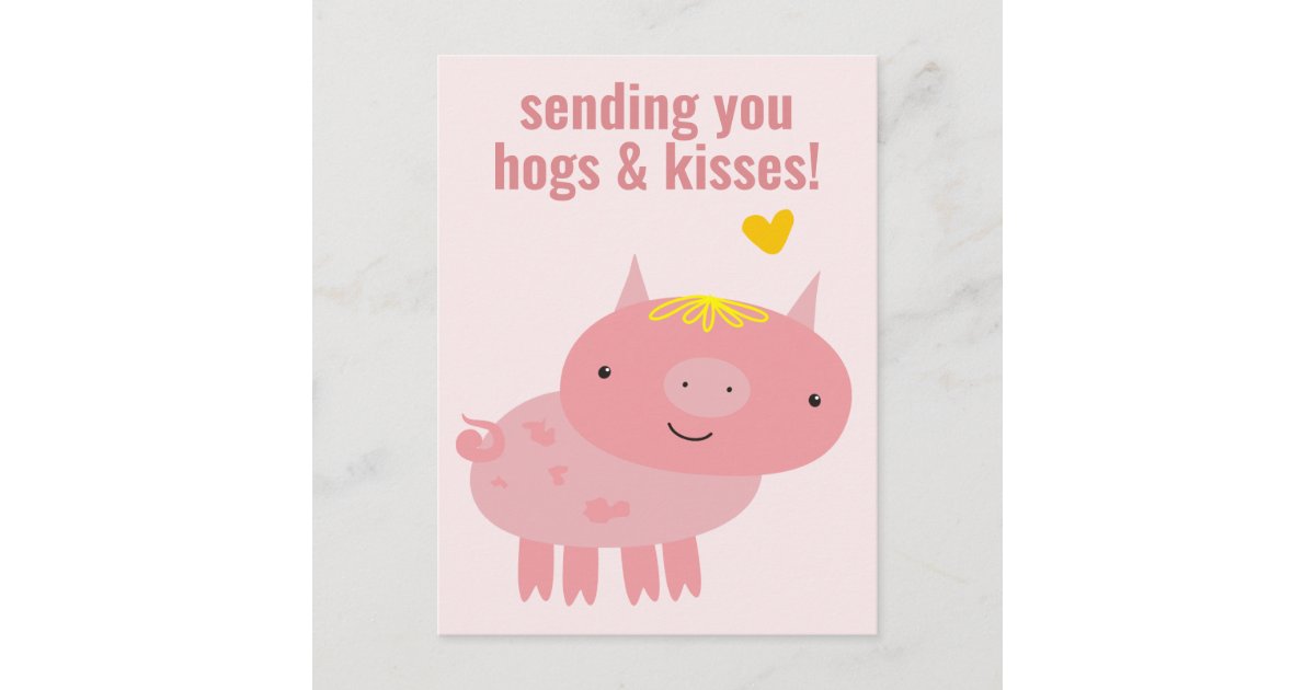 Hogs & Kisses - Cute Pig Classroom Valentine Postcard | Zazzle