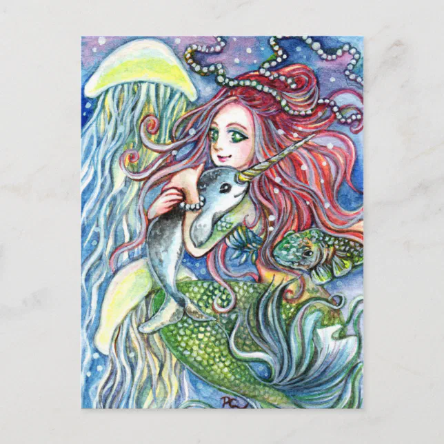 Holding Narwhal Baby - Mermaid Art Postcard | Zazzle