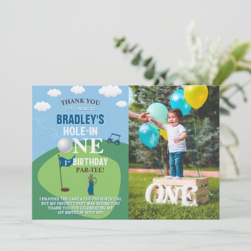 Hole In One Golf 1st Birthday Photo Thank You Card | Zazzle