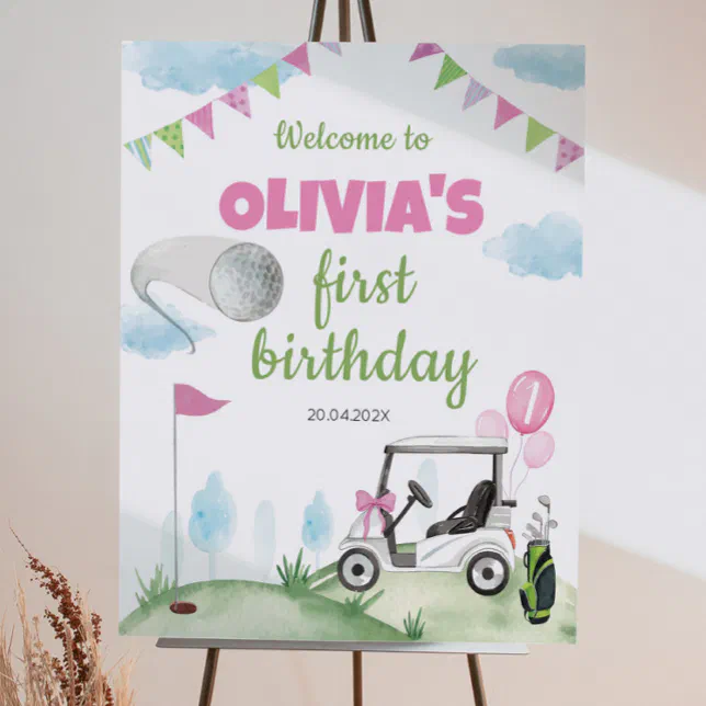 Hole In One Pink Girl Golf Birthday Welcome Sign | Zazzle