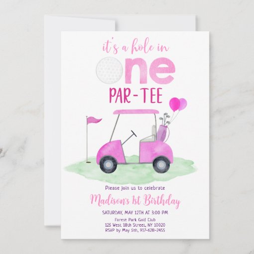 Hole In One Pink Girl Golf First Birthday Invitation | Zazzle