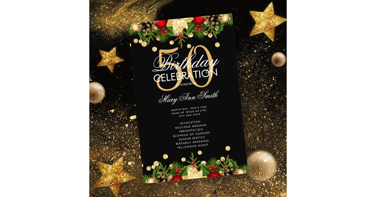 Holiday 50th Birthday Party Program Gold w/ Menu Flyer | Zazzle