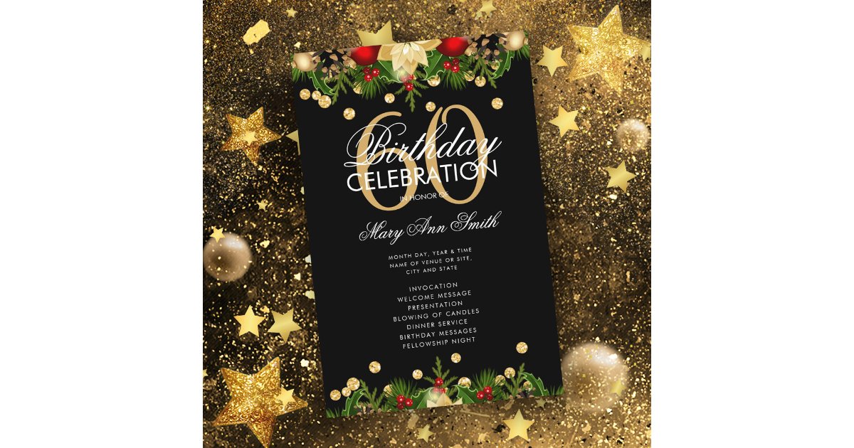 Holiday 60th Birthday Party Program Gold w/ Menu | Zazzle