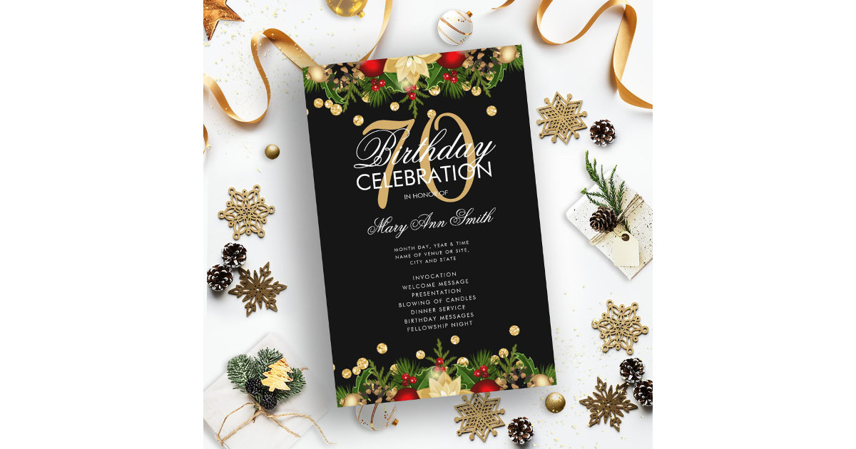 Holiday 70th Birthday Party Program Gold w/ Menu | Zazzle
