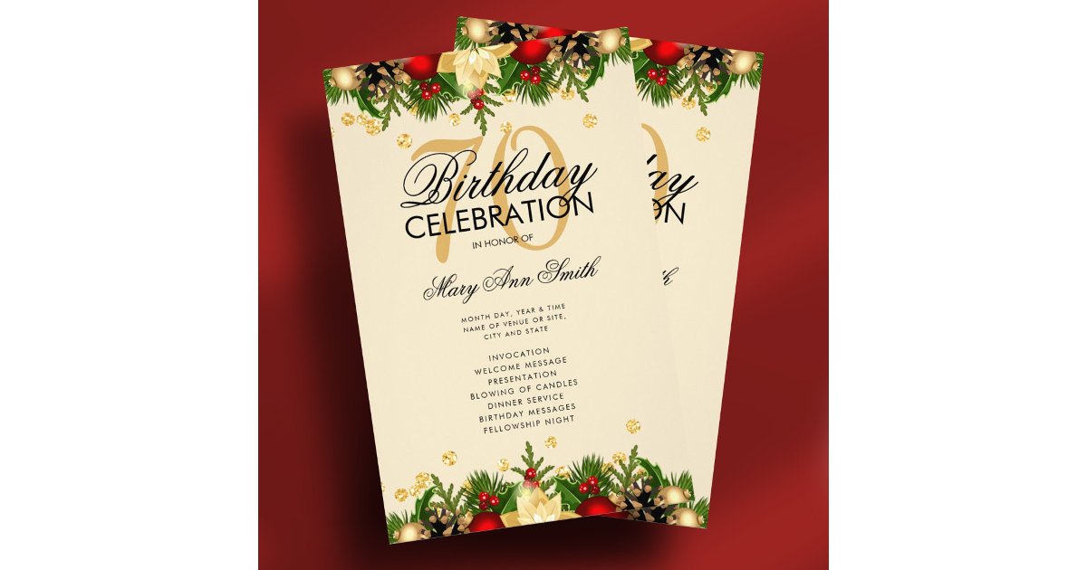 Holiday 70th Birthday Party Program Gold w/ Menu Flyer | Zazzle
