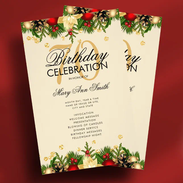 Holiday 70th Birthday Party Program Gold w/ Menu Flyer | Zazzle