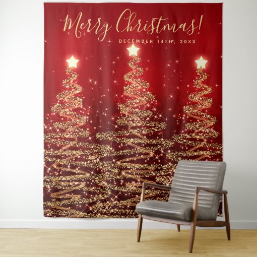 Holiday Backdrop Gold Red Merry Christmas Trees | Zazzle