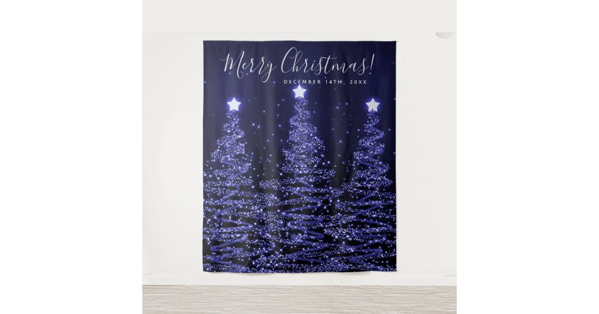 Holiday Backdrop Navy Blue Merry Christmas Trees | Zazzle