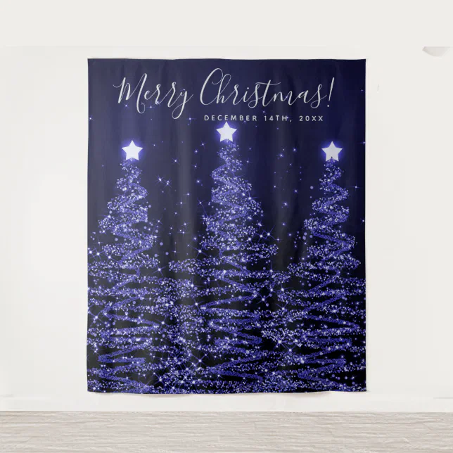 Holiday Backdrop Navy Blue Merry Christmas Trees | Zazzle
