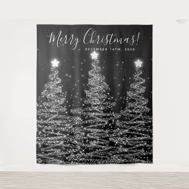 Holiday Backdrop Silver Merry Christmas Trees | Zazzle