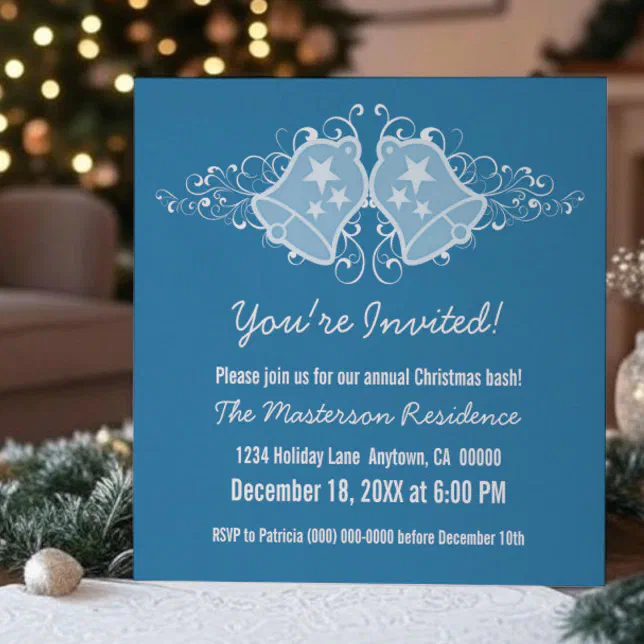 Holiday Bells and Swirls Invite, Blue Invitation | Zazzle