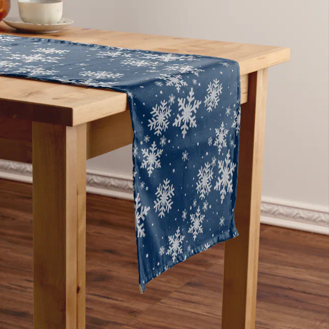 Holiday Blue and Silver Snowflakes Table Runner | Zazzle