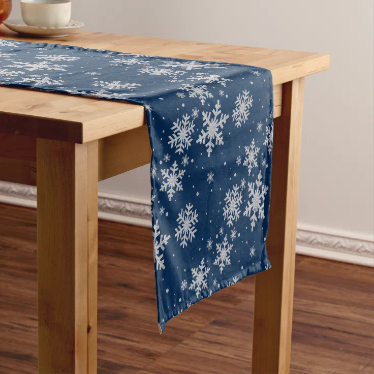 Holiday Blue and Silver Snowflakes Table Runner | Zazzle