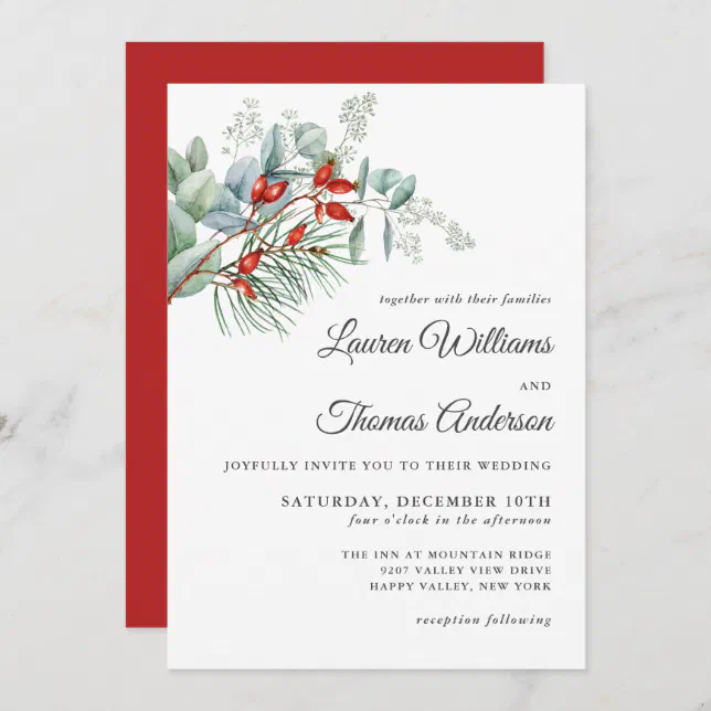 Holiday Botanical Greenery and Berries Wedding Invitation | Zazzle