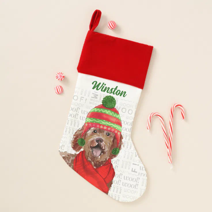 Holiday Brown Labradoodle Dog with Name Christmas Stocking | Zazzle