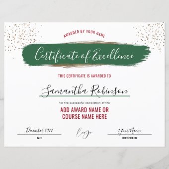 Holiday Certificate of Excellence Award Green Gold | Zazzle
