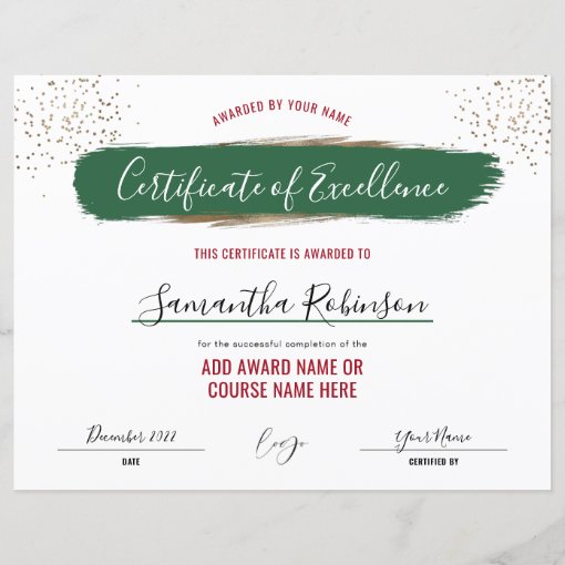 Holiday Certificate of Excellence Award Green Gold | Zazzle