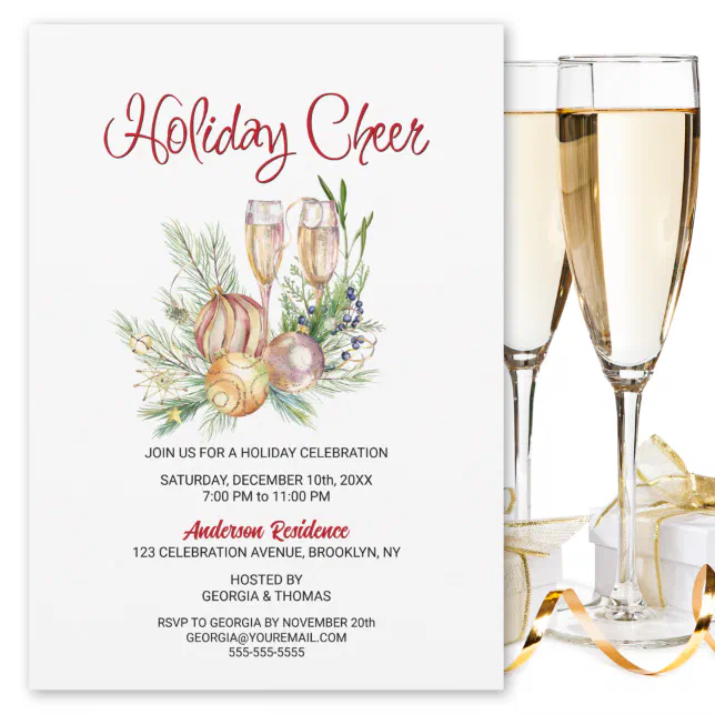 Holiday Cheer Baubles and Champagne Holiday Party Invitation | Zazzle