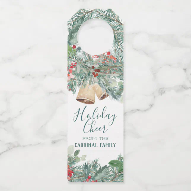 Holiday Cheer Red Holly & Rustic Bells Bottle Hanger Tag | Zazzle