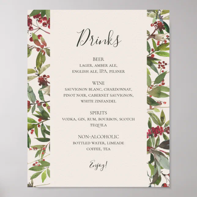 Holiday Chic Botanical | Champagne Drinks Menu Poster | Zazzle