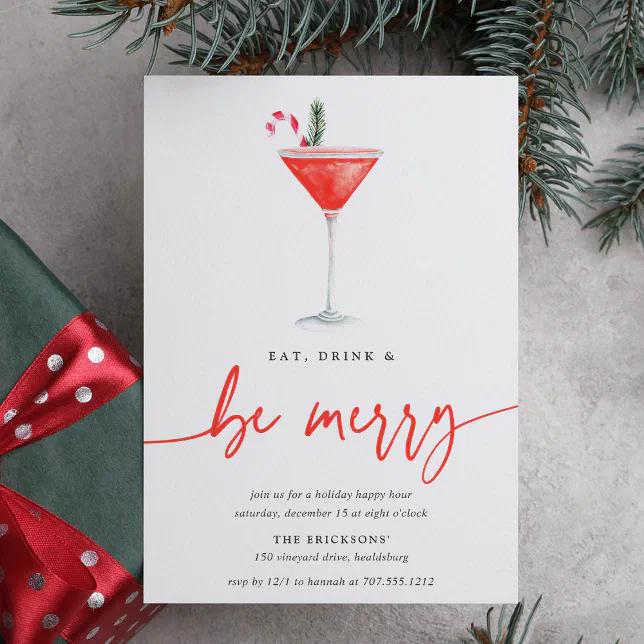 Holiday Cocktail | Eat Drink & Be Merry Party Invitation | Zazzle