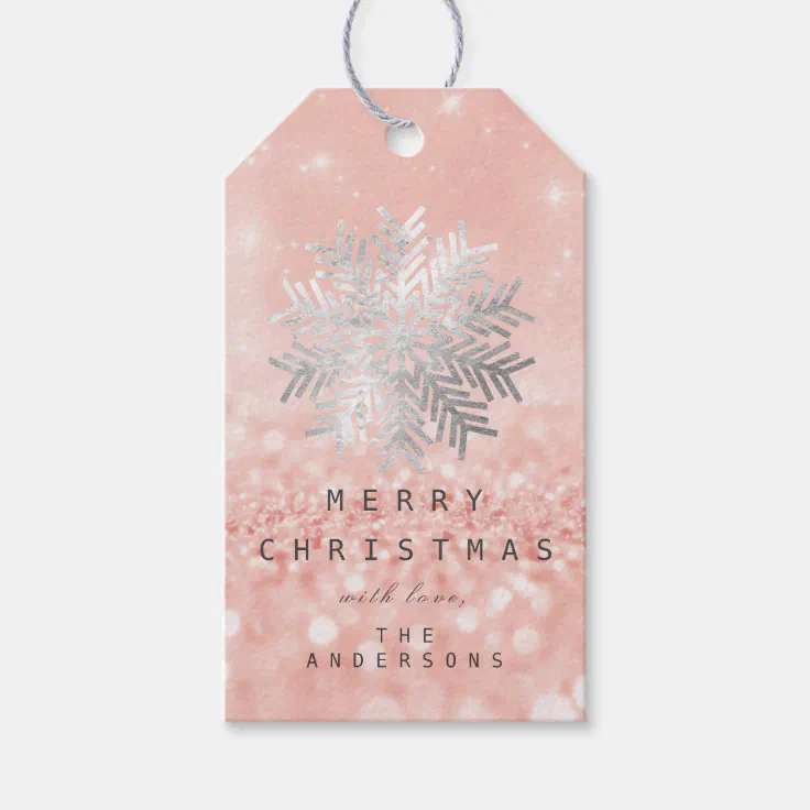 Holiday Gift Snow Flakes Silver Rose Pink Glitter Gift Tags | Zazzle