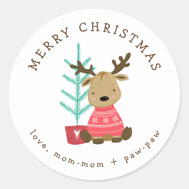 Holiday gift tag stickers, cute reindeer + tree | Zazzle