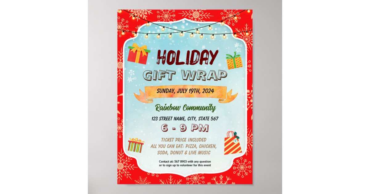 Holiday gift wrap event template poster | Zazzle