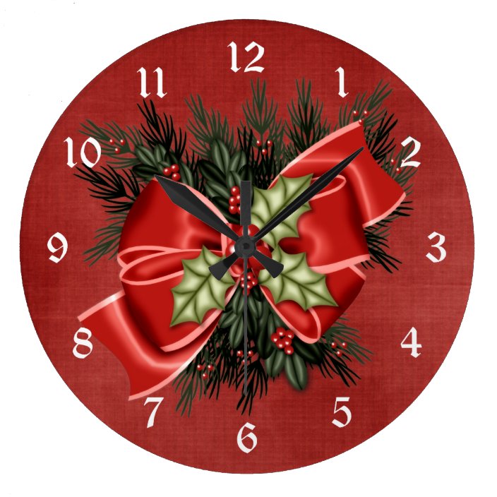 Holiday Greenery & Red Bow Christmas Clock | Zazzle.com