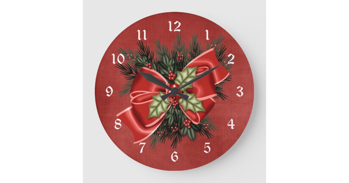Holiday Greenery & Red Bow Christmas Clock | Zazzle