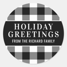 Holiday Greetings Black and White Buffalo Plaid Classic Round Sticker ...
