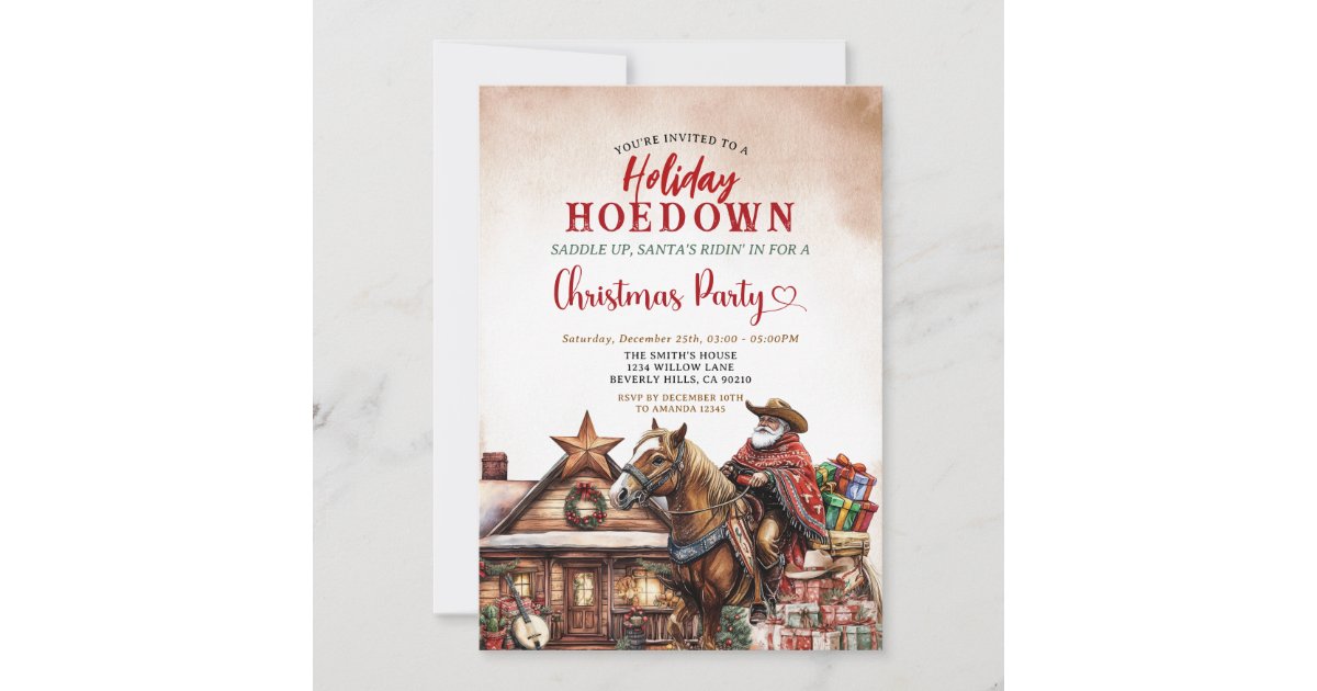 Holiday Hoedown Western Christmas Santa Cowboy Invitation | Zazzle