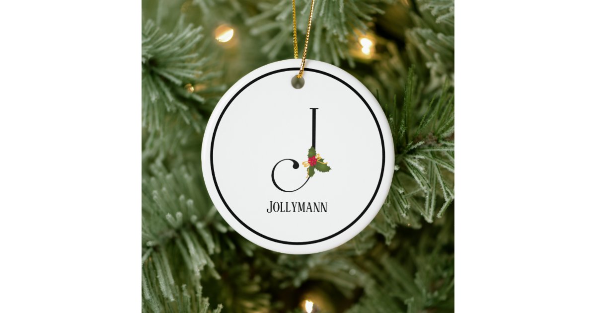 Holiday Holly Monogram Letter J Personalized Ceramic Ornament | Zazzle